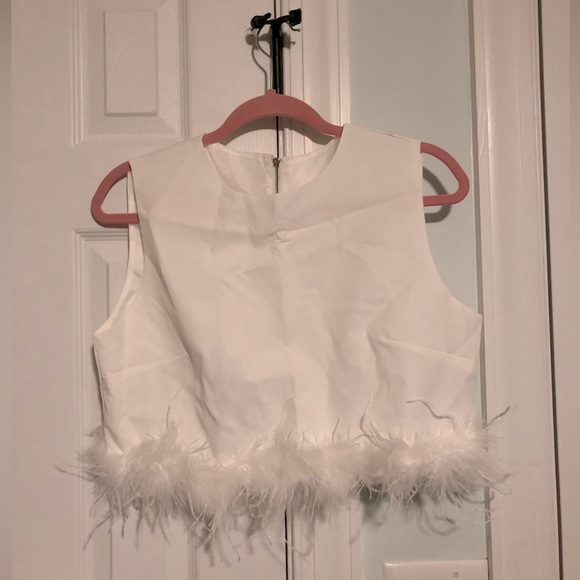 SHEIN | Tops | Faux Feather Bottom White Tank Shirt Never Been Worn ...